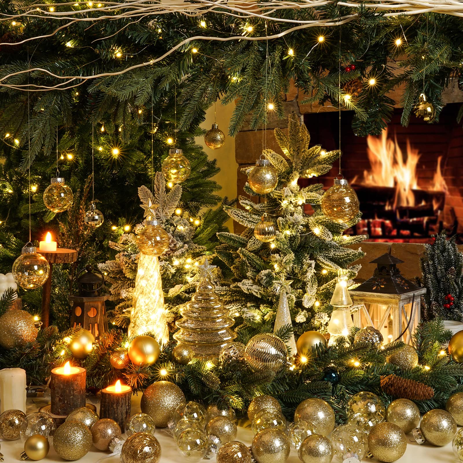 SLK Ornaments Shatterproof, 32 Counts Xmas Plastic Clear Christmas Balls Hanging Tree Glittering Balls with Stuffed Decorations Multi Size Gold