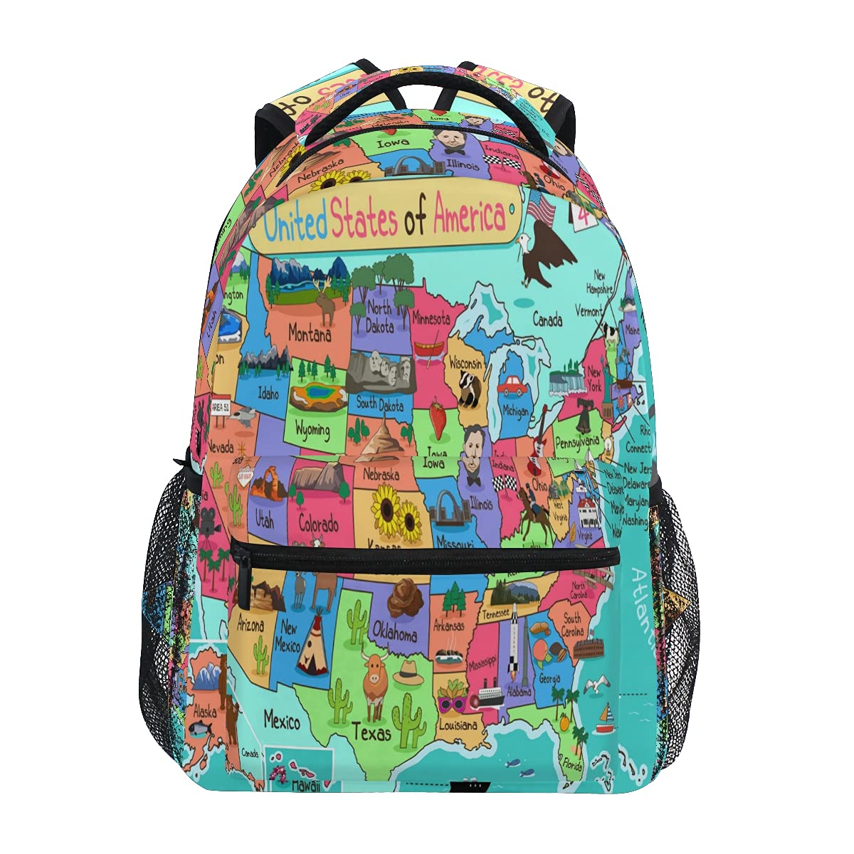 United States Map Backpack for Boys Girls School Backpacks Animal World Kids Bookbag 3rd 4th 5th Grade Laptop Daypacks 16x11.4x6.9in
