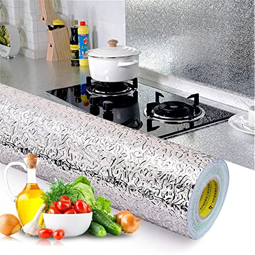 120 Inches Kitchen Oil-Proof Stickers, DIY Self-Adhesive Peel & Stick Aluminum Foil Contact Paper Self Adhesive Oil-Proof Heat Resistant Wall Sticker for Countertop Drawer Shelf Liner