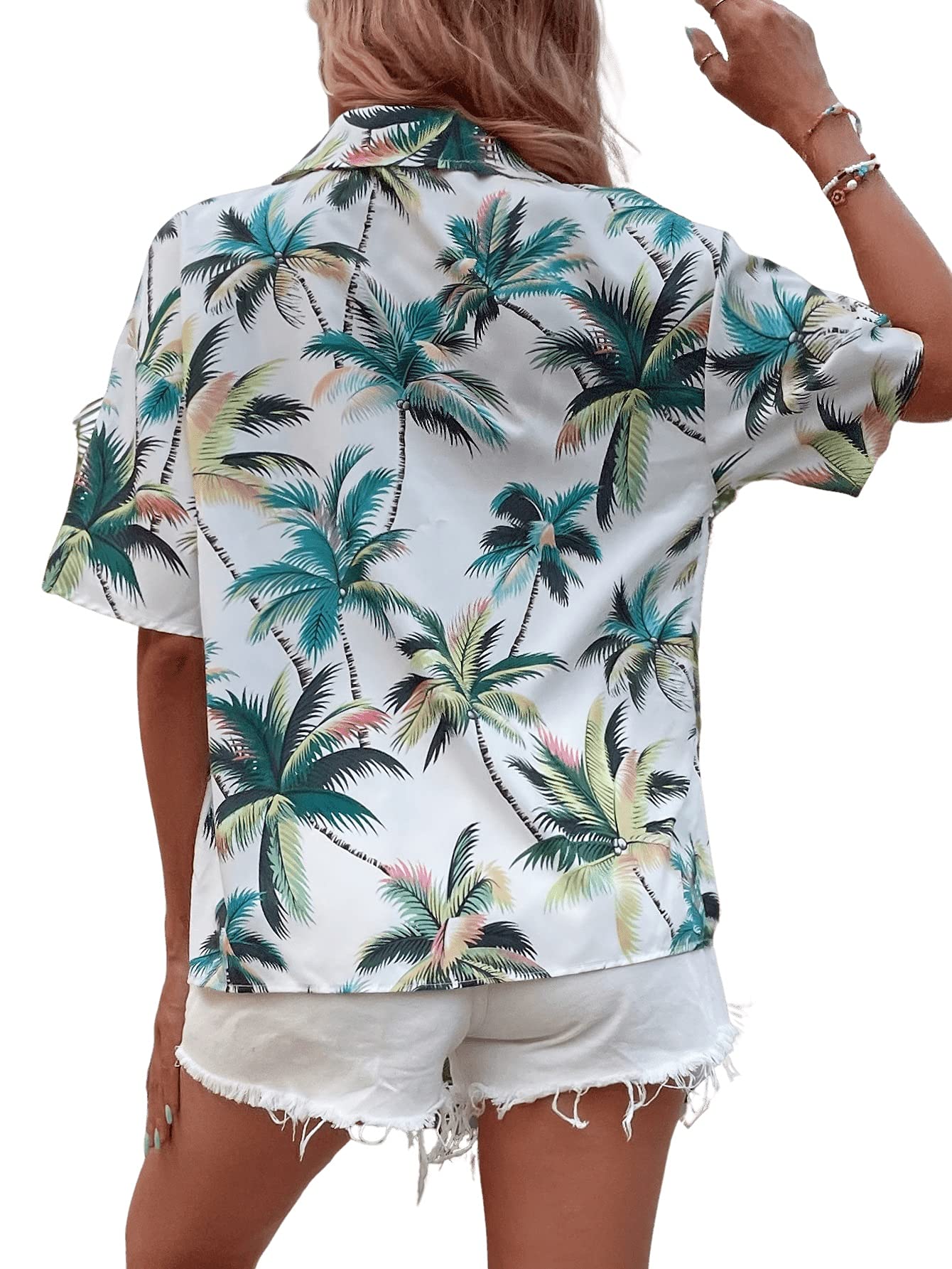 SweatyRocks Women's Short Sleeve Cute Print Button Down Shirt Tops Tropical White M