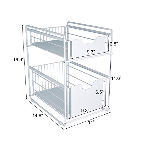 Moxeay Metal Basket Organizer 2-Tier Under Sink Cabinet Organizer with Sliding Storage Drawer, Stackable Basket Rack for Kitchen & Bathroom