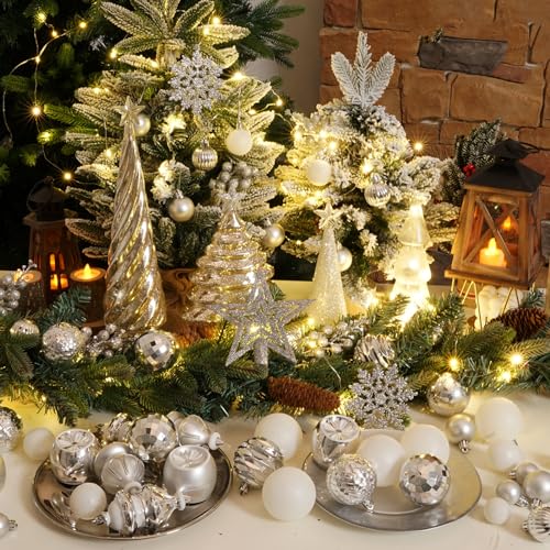 XmasExp 99-Pack Christmas Ball Ornaments Assorted Shatterproof Christmas Tree Decorations with Hand-held Gift Package for Xmas Tree,Home,Party(Silver-White)