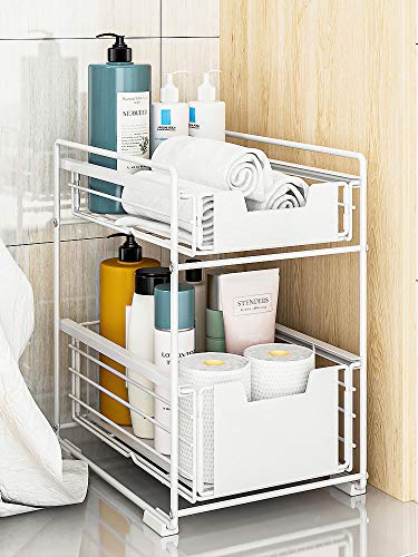 Moxeay Metal Basket Organizer 2-Tier Under Sink Cabinet Organizer with Sliding Storage Drawer, Stackable Basket Rack for Kitchen & Bathroom