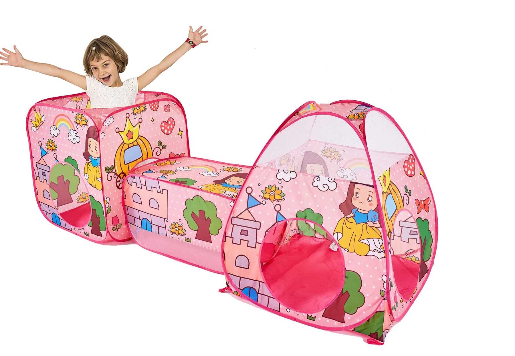 LTKX 3pc Kids Play Tent for Girls, Crawl Tunnel, Princess Tents for Toddlers, Indoor/Outdoor Pop Up Playhouse for Baby, Pink