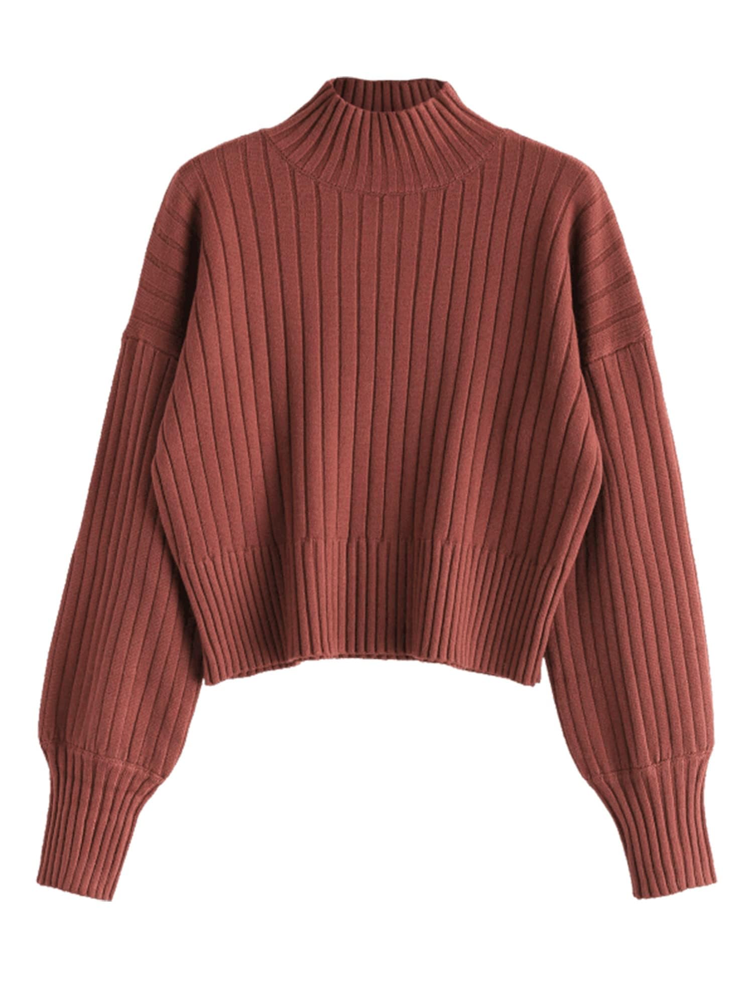 ZAFUL Women's Mock Neck Sweater Drop Shoulder Knit Ribbed Hem Crop Pullover