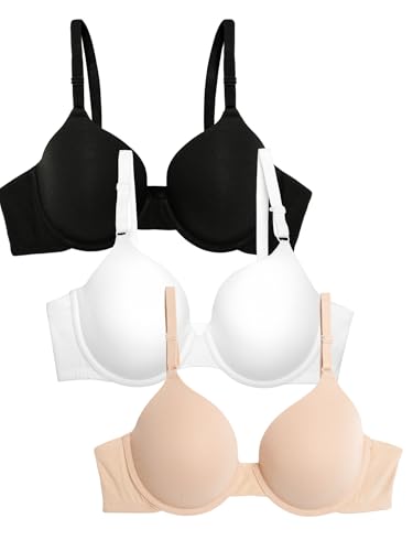 Fruit of the Loom Women's Smooth Cotton T-Shirt Bra-Ultra-Soft, Flexible, and Invisible Under Tees, Black Hue/Sand/White, 36DDD
