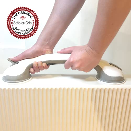 Safe-er-Grip Changing Lifestyles Suction Cup Grab Bars For Bathtubs & Showers; Safety Bathroom Assist Handle, White & Grey, 16 Inches
