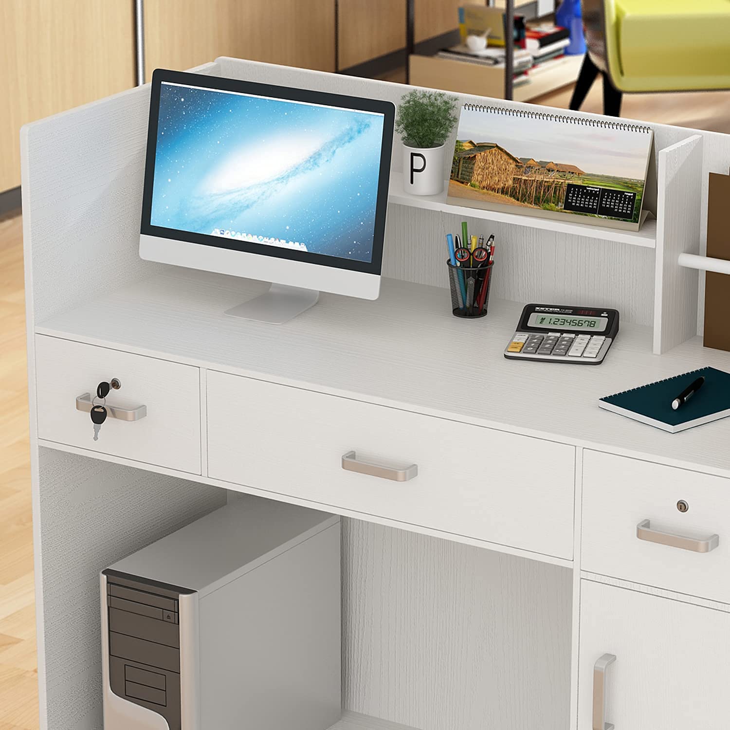Homsee Modern Reception Desk with 3 Drawers, 1 Door Storage Cabinet & Hutch Shelf, Office Wooden Computer Desk, Writing Study Table PC Laptop Desk, White (47.3" L x 18.3" W x 43.3" H)