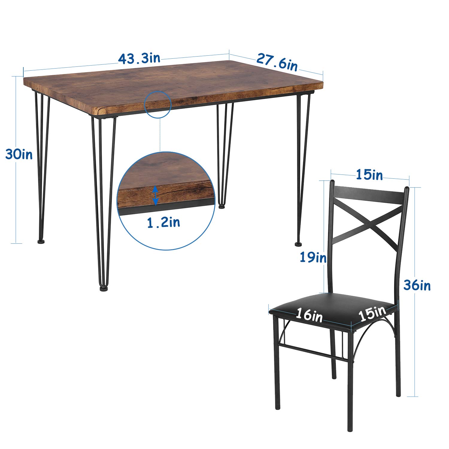 VECELO 5-Piece Dining Table Set for Home Kitchen Breakfast Nook, 4, Rustic BRN