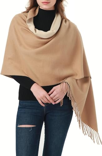 MEANBEAUTY Women's Pashmina Shawls and Wraps Cashmere Feel Large Scarf Winter Scarves Two-Color Blanket for Wedding Gifts-beige