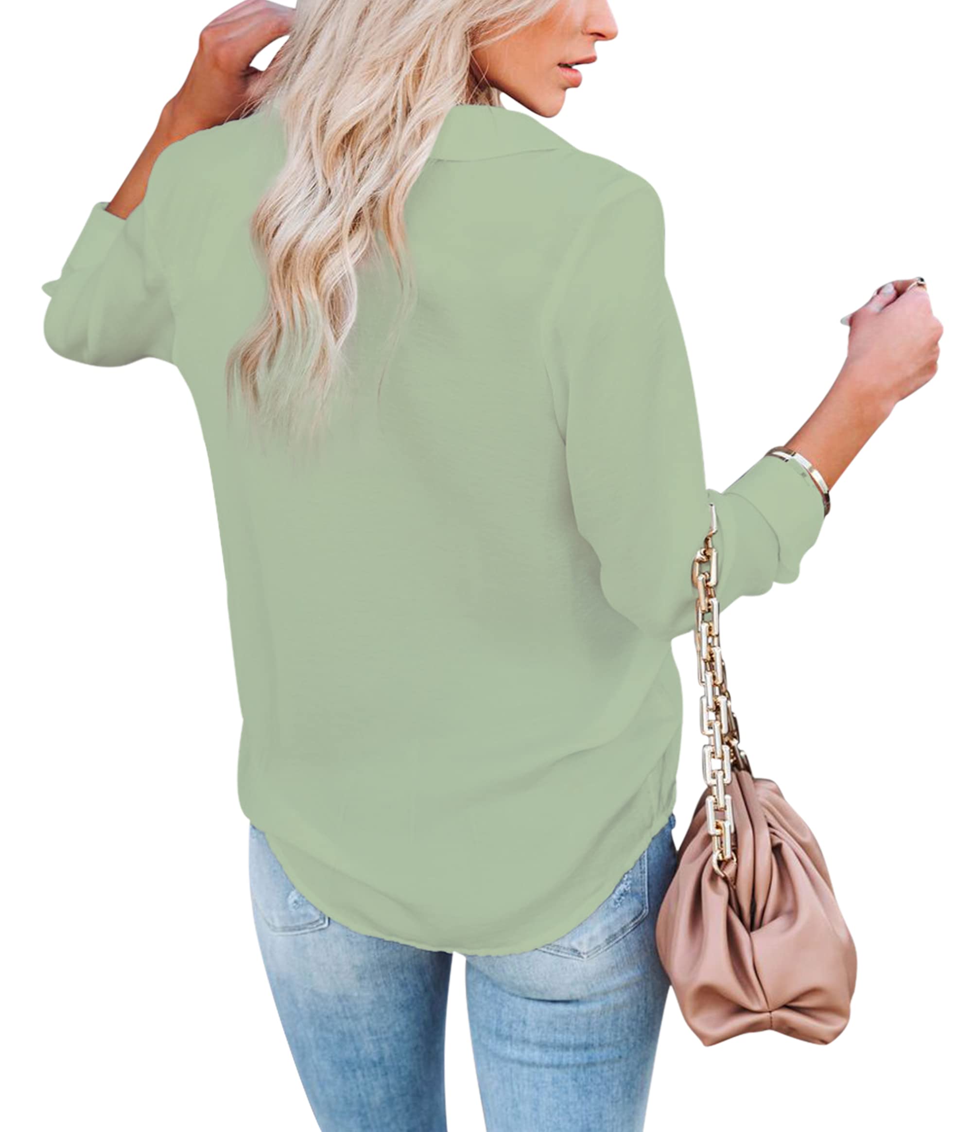 Diosun Womens Button Down V Neck Shirts Long/Short Sleeve Office Casual Business Plain Blouses Tops (Medium, Bean Green)