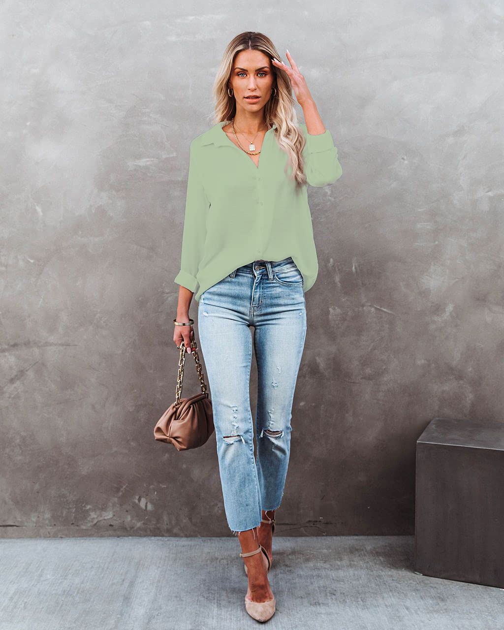 Diosun Womens Button Down V Neck Shirts Long/Short Sleeve Office Casual Business Plain Blouses Tops (Medium, Bean Green)