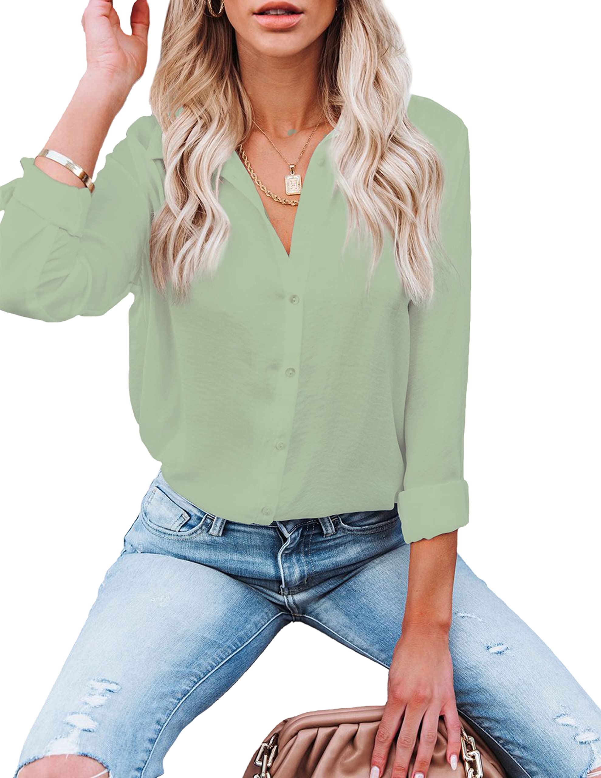 Diosun Womens Button Down V Neck Shirts Long/Short Sleeve Office Casual Business Plain Blouses Tops (Medium, Bean Green)