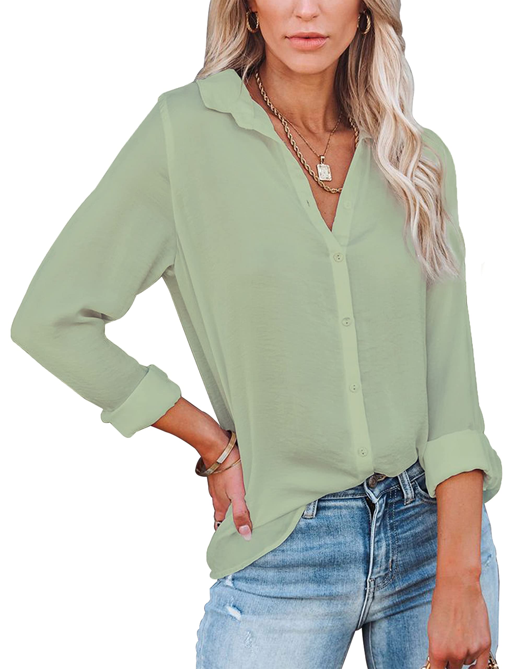 Diosun Womens Button Down V Neck Shirts Long/Short Sleeve Office Casual Business Plain Blouses Tops (Medium, Bean Green)