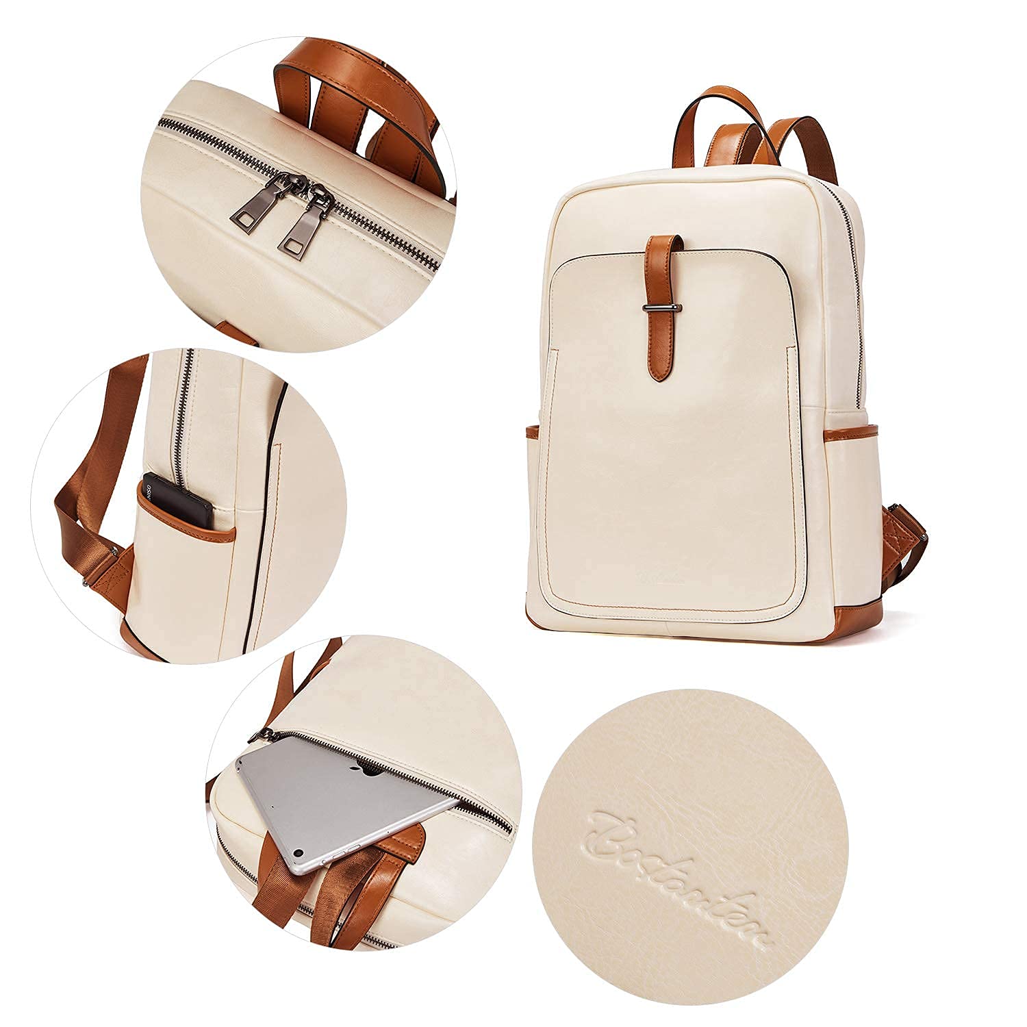 BOSTANTEN Leather Laptop Backpack Purse Casual College Casual Bags Daypack Beige-White and Women Leather Wallet RFID Blocking Small Bifold Zipper Pocket Wallet Card Case Purse with ID Window