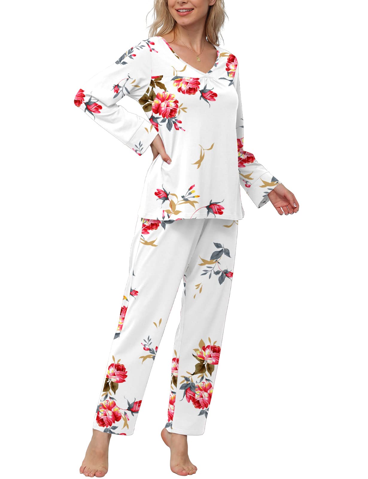 POKWAI Womens Pajama Sets Pajamas for Women Soft Comfy Casual Loose Pjs With Pockets(FP White,X-Large)