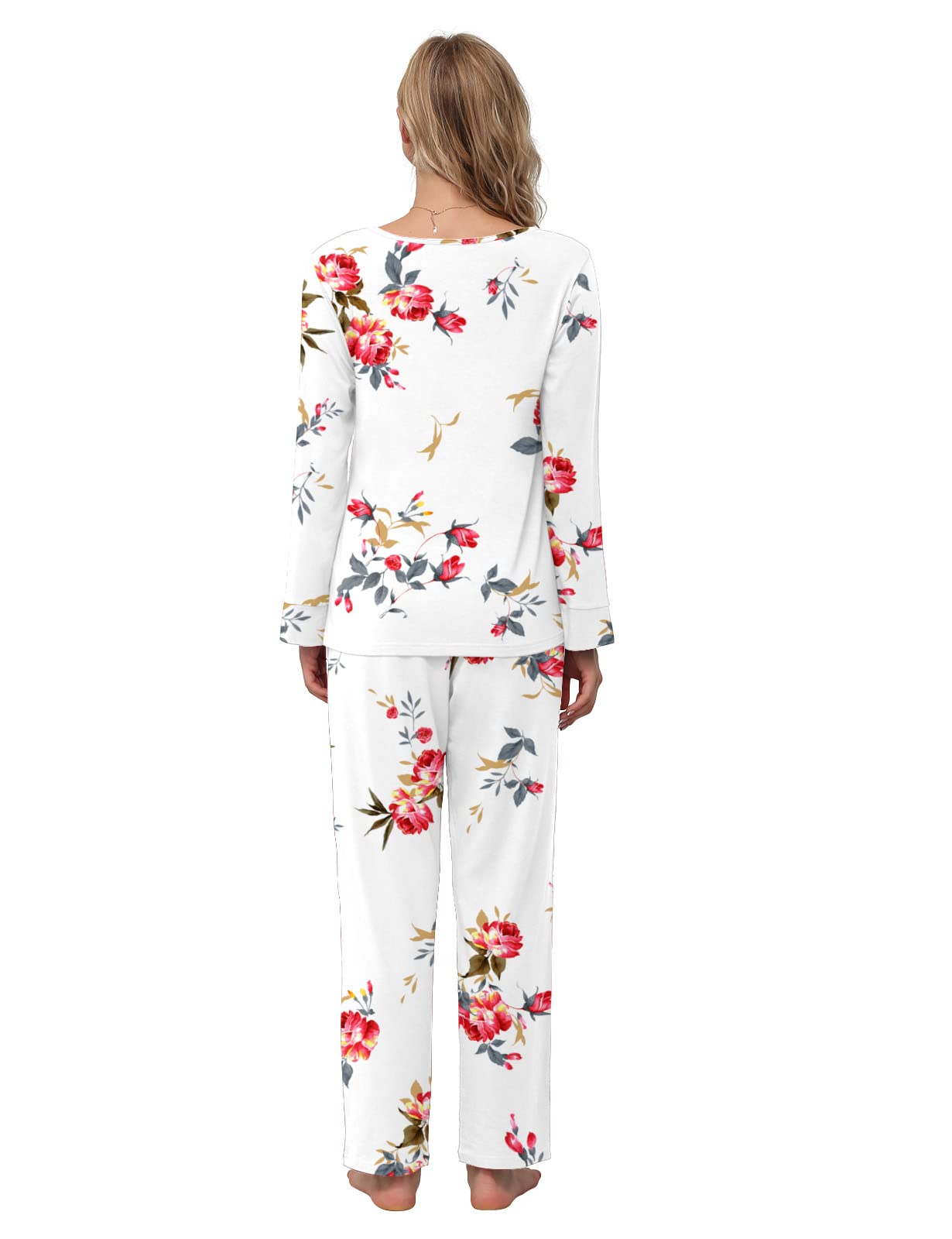 POKWAI Womens Pajama Sets Pajamas for Women Soft Comfy Casual Loose Pjs With Pockets(FP White,X-Large)