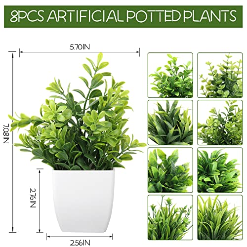 LELEE Artificial Plants Mini Fake Potted Plants, 8 pcs Small Eucalyptus Potted Faux Decorative Grass Plant with White Pot for Home Decor, Indoor, Office, Desk, Shelf, Table Decoration