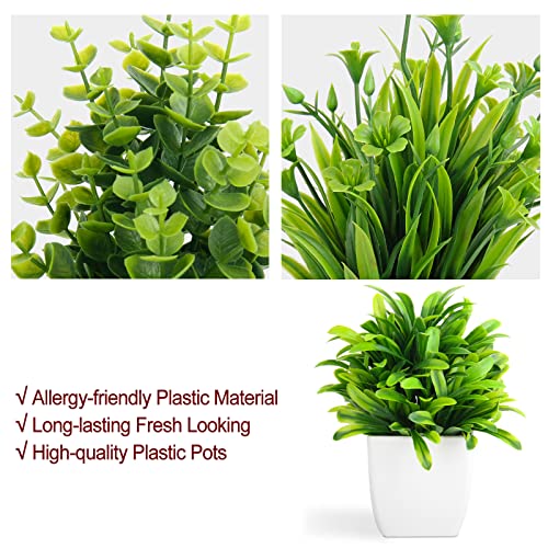 LELEE Artificial Plants Mini Fake Potted Plants, 8 pcs Small Eucalyptus Potted Faux Decorative Grass Plant with White Pot for Home Decor, Indoor, Office, Desk, Shelf, Table Decoration