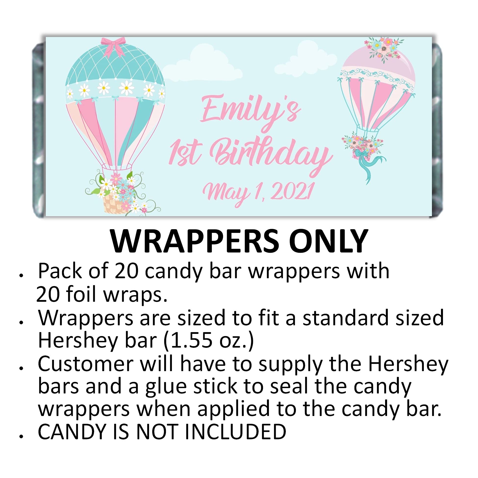 Hot Air Balloon Candy Wrappers, Personalized Chocolate Bar Labels for Party Favor, Pack of 20