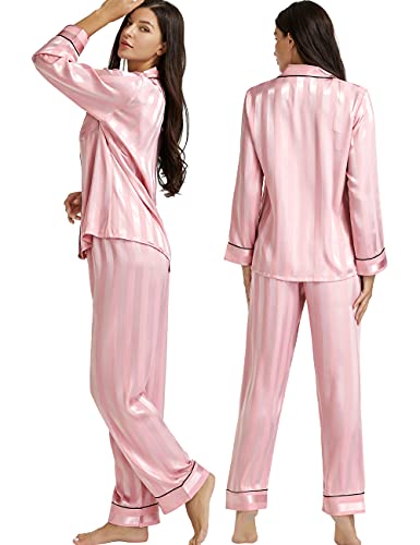 Lonxu Womens Silk Satin Pajamas Set Pink Striped L