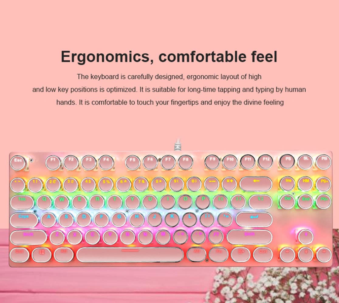 Mechanical Gaming Keyboard and Mouse Combo, 87 Key Retro Punk Typewriter-Style,Blue Switch RGB Rainbow Backlit Keyboard,Cool Breathing Light Lightweight Gaming Mouse for Game and Office,Pink