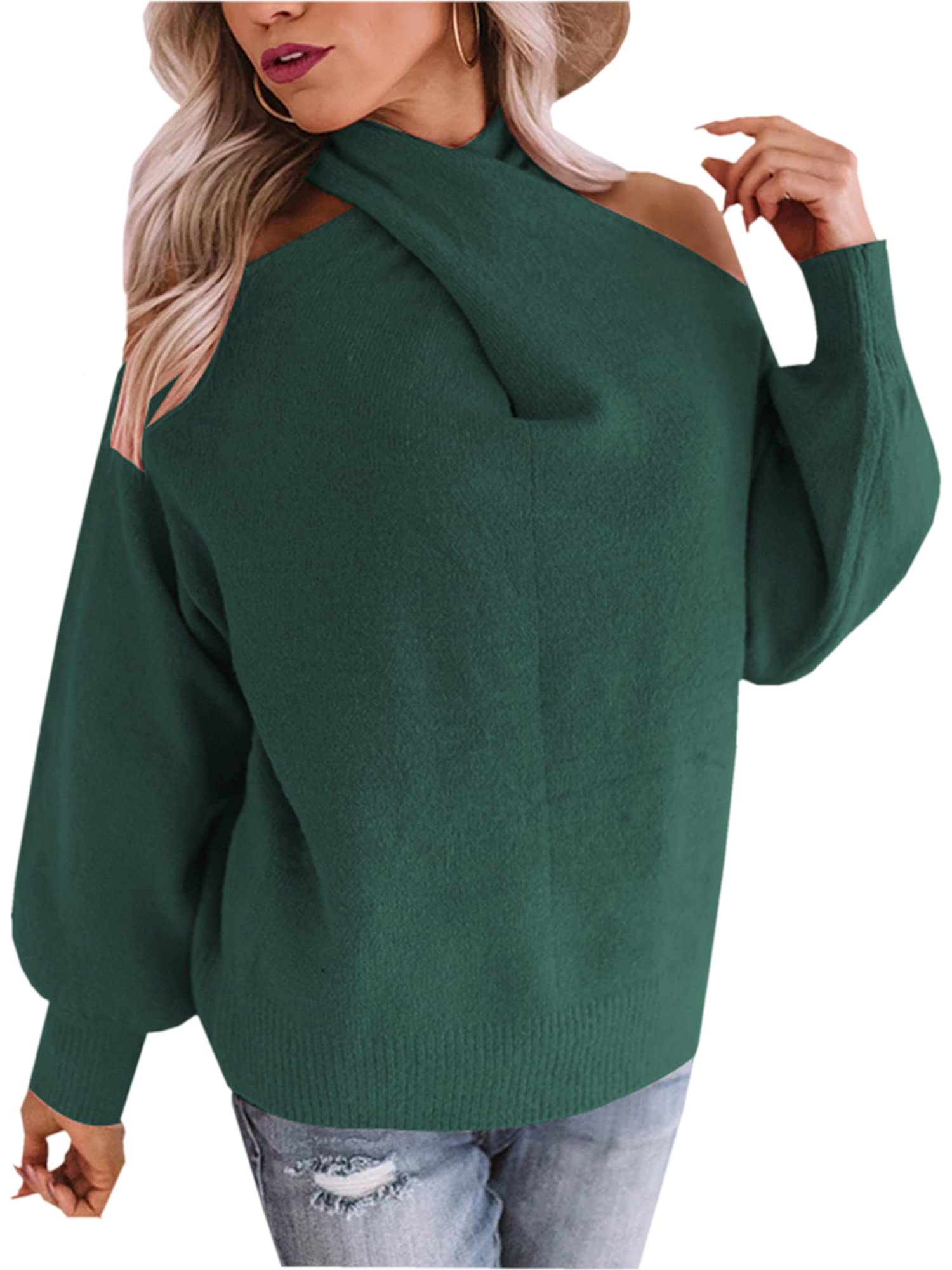 Angashion Women's Sweaters Casual Off Shoulder Tops Crossed V- Neck Long Sleeve Crop Halter Pullover Dark Green Small