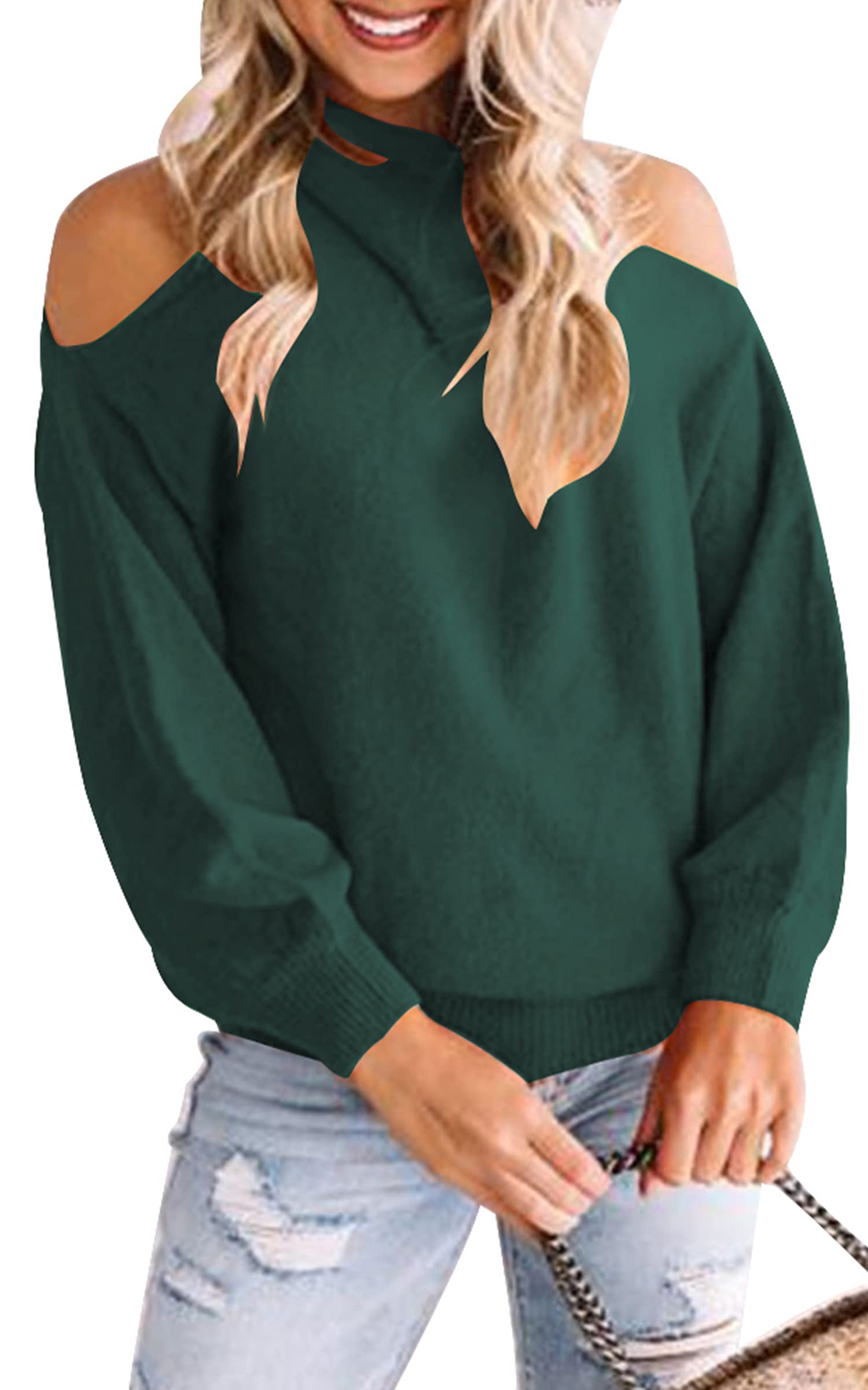 Angashion Women's Sweaters Casual Off Shoulder Tops Crossed V- Neck Long Sleeve Crop Halter Pullover Dark Green Small