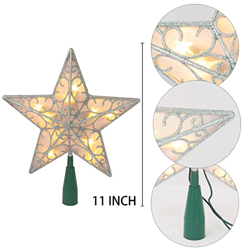 Funpeny 11 Inch Glitter Silver Star Tree Topper, Lighted Christmas Treetop with 10 Lights Christmas Decorations for Christmas Xmas Tree Home Bar Shop Office (Silver)