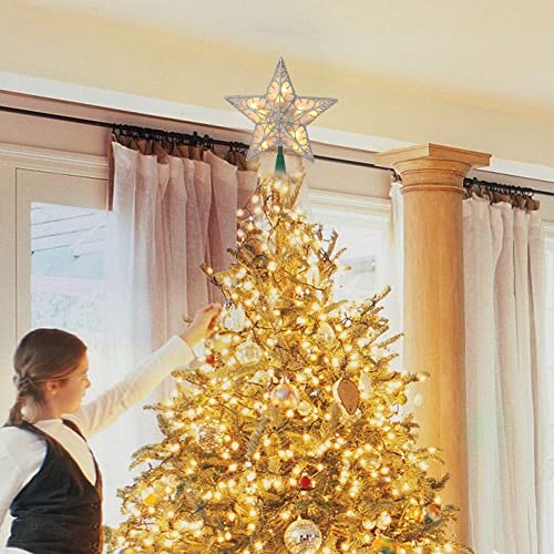 Funpeny 11 Inch Glitter Silver Star Tree Topper, Lighted Christmas Treetop with 10 Lights Christmas Decorations for Christmas Xmas Tree Home Bar Shop Office (Silver)