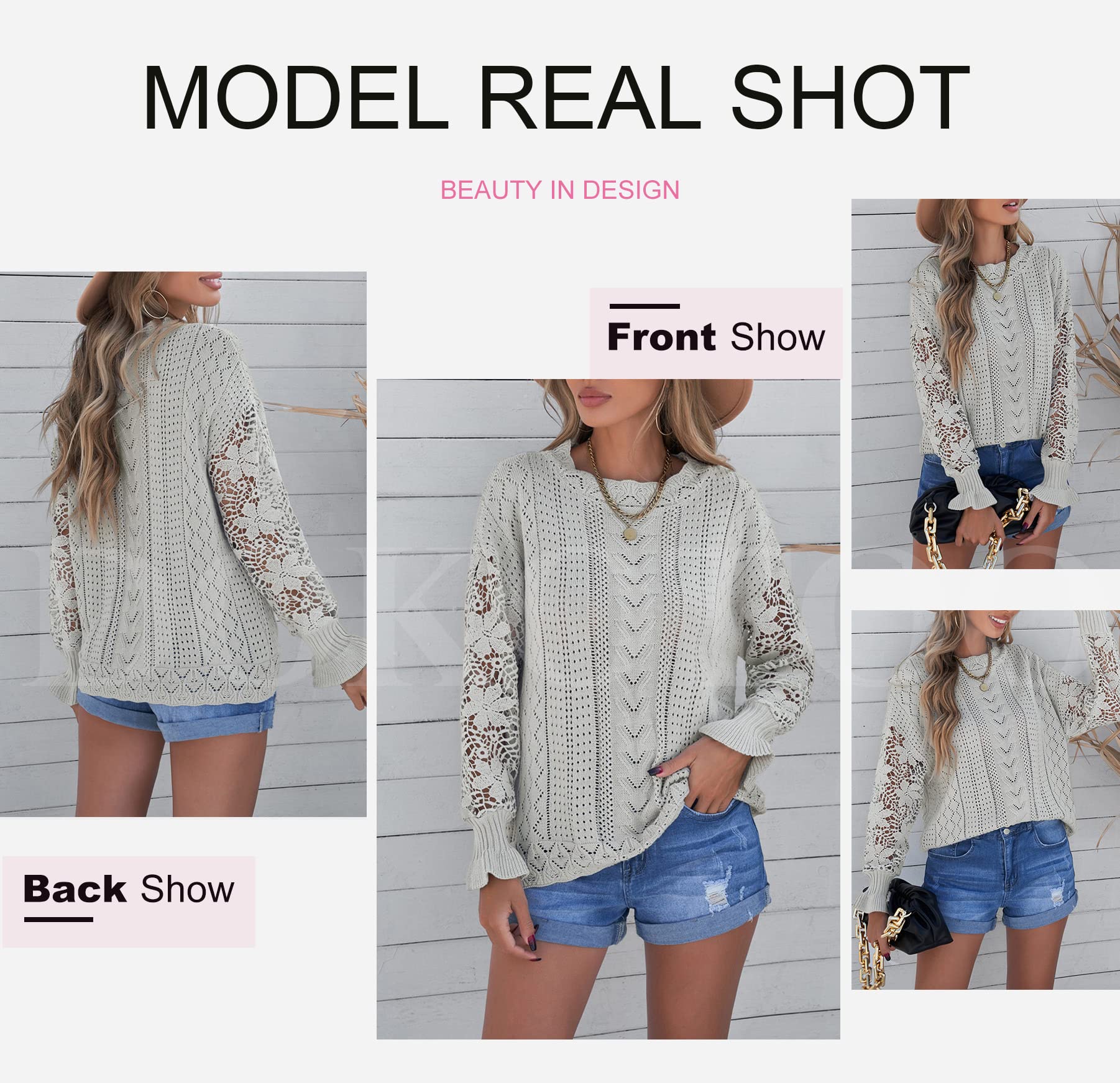 Dokotoo Sweater Women Ladies Cute Soft Thick Round Neck Solid Hollow Out Lace Crochet Autumn Cozy Long Sleeve Cable Knit Pullovers Sweaters for Women Large Gray