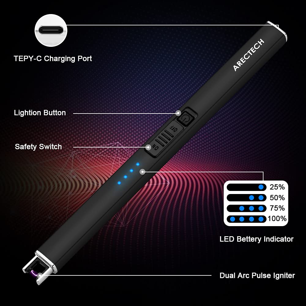 ARECTECH Electric Candle Lighter with Type-C Cable Birthday Gift for Man Women Wife Rechargeable Plasma Arc Lighters for Candle Camping Kitchen Stove Black