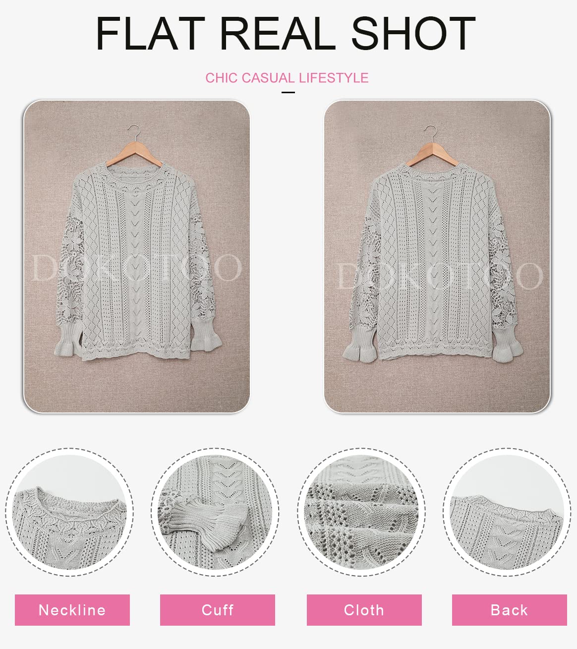 Dokotoo Sweater Women Ladies Cute Soft Thick Round Neck Solid Hollow Out Lace Crochet Autumn Cozy Long Sleeve Cable Knit Pullovers Sweaters for Women Large Gray