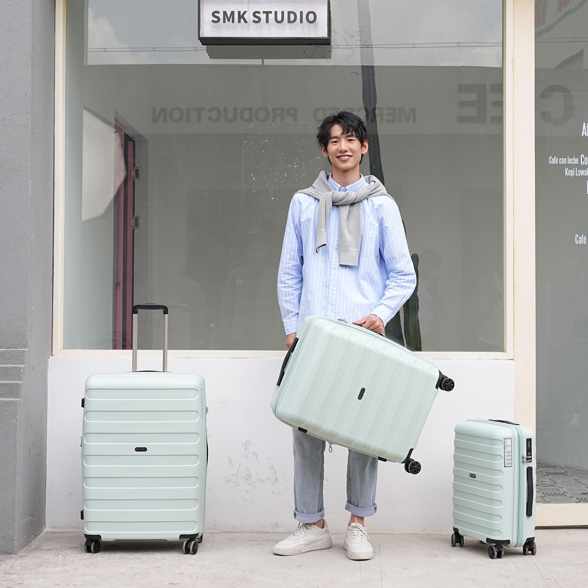 GinzaTravel PP material 3-piece expandable luggage sets with Spinner Wheels, Suitcase with TSA Lock,Large Luggage for Family Travel carry on 20/24/28,Azure water color