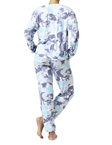 HUE Women's Long Sleeve Tee and Jogger Pant 2 Piece Pajama Set, Button Blue-Cloud Tiedye Cocktails, Large