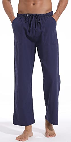 AITFINEISM Men's Casual Cotton Linen Pants Elastic Waist Lightweight Drawstring Summer Pants (42-44, B-Navy)