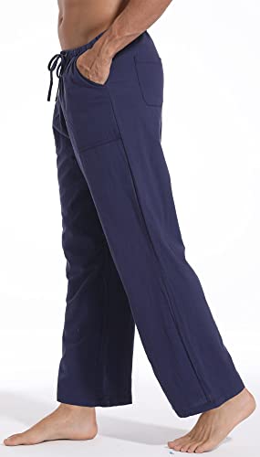 AITFINEISM Men's Casual Cotton Linen Pants Elastic Waist Lightweight Drawstring Summer Pants (42-44, B-Navy)