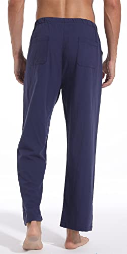AITFINEISM Men's Casual Cotton Linen Pants Elastic Waist Lightweight Drawstring Summer Pants (42-44, B-Navy)