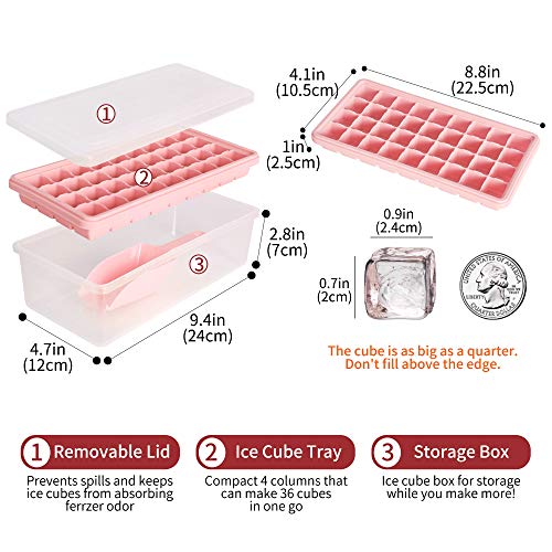 Food-grade Silicone Ice Cube Tray with Lid and Storage Bin for Freezer, Easy-Release 36 Small Nugget Ice Tray with Spill-Resistant Cover&Bucket, Flexible Ice Cube Molds with Ice Container, Scoop Cover