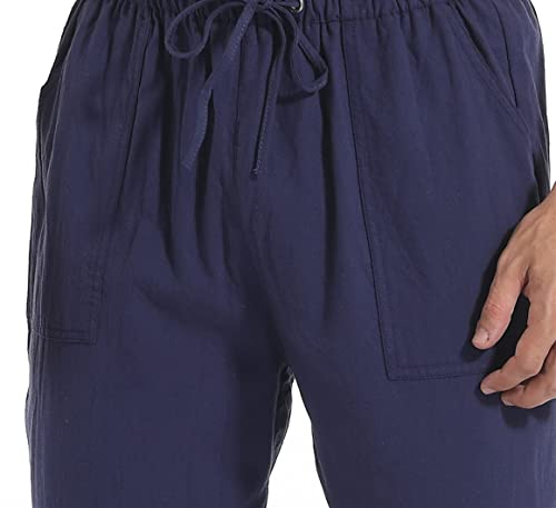 AITFINEISM Men's Casual Cotton Linen Pants Elastic Waist Lightweight Drawstring Summer Pants (42-44, B-Navy)