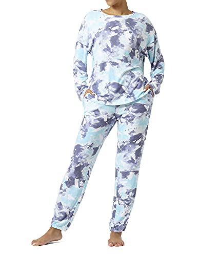 HUE Women's Long Sleeve Tee and Jogger Pant 2 Piece Pajama Set, Button Blue-Cloud Tiedye Cocktails, Large