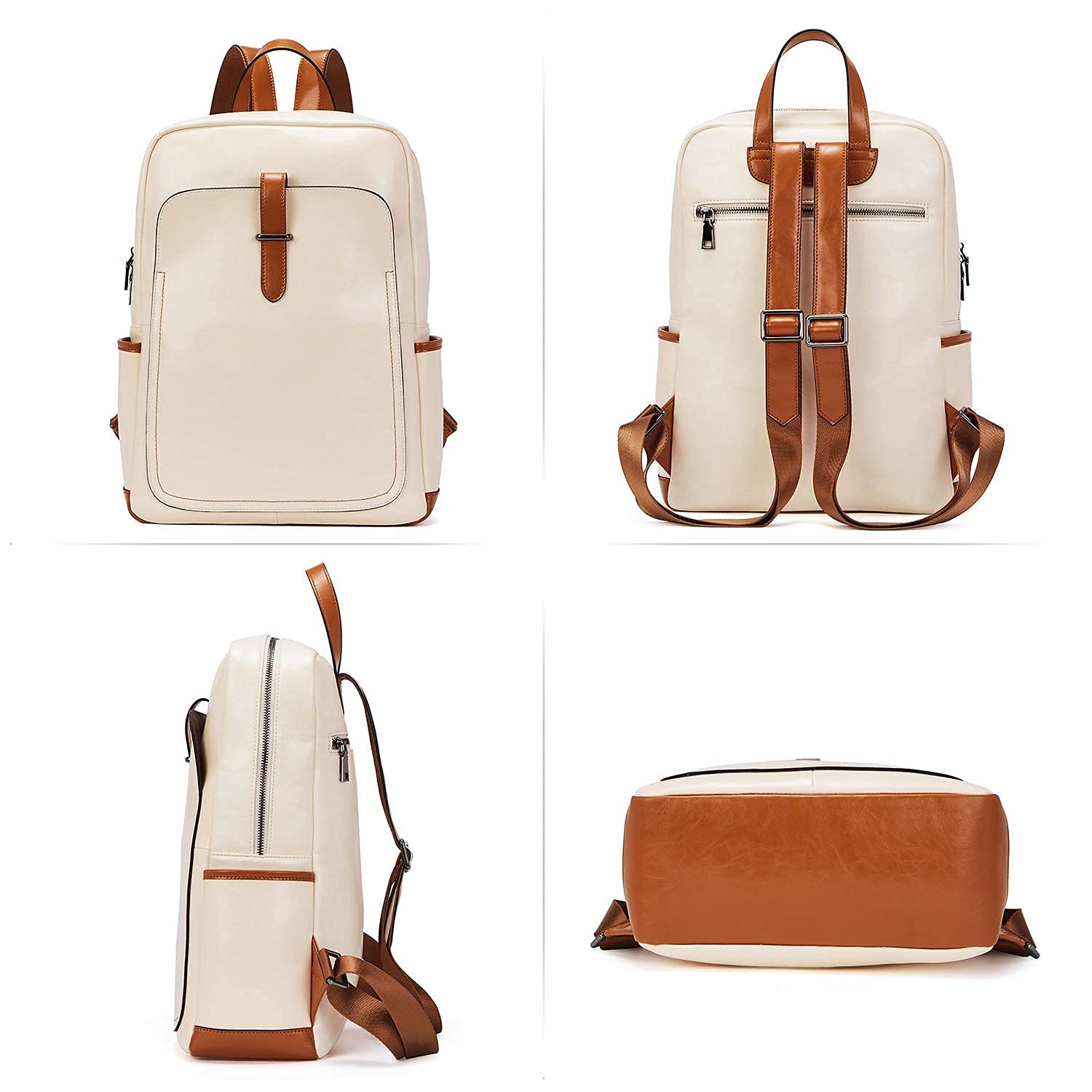 BOSTANTEN Leather Laptop Backpack Purse Casual College Casual Bags Daypack Beige-White and Leather Wallets for Women RFID Blocking Zipper Pocket Small Bifold Wallet Card Case White