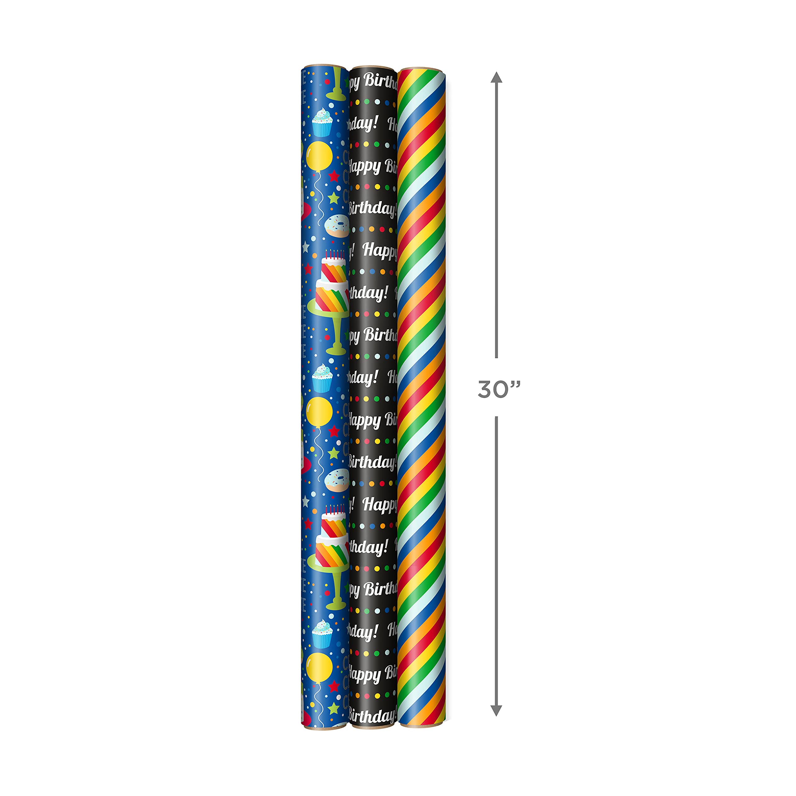Hallmark Birthday Wrapping Paper Set (3 Rolls: 90 Sq. Ft. Ttl, 10 Bows, Ribbon, Gift Tag Stickers) Rainbow Stripes, Cake, "Happy Birthday" for Kids and Adults