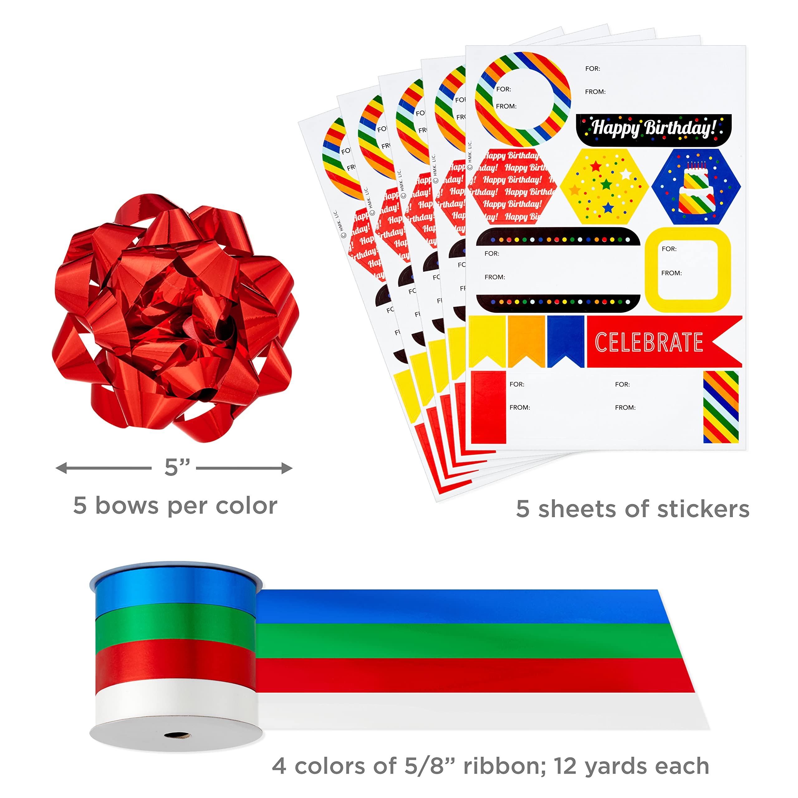 Hallmark Birthday Wrapping Paper Set (3 Rolls: 90 Sq. Ft. Ttl, 10 Bows, Ribbon, Gift Tag Stickers) Rainbow Stripes, Cake, "Happy Birthday" for Kids and Adults