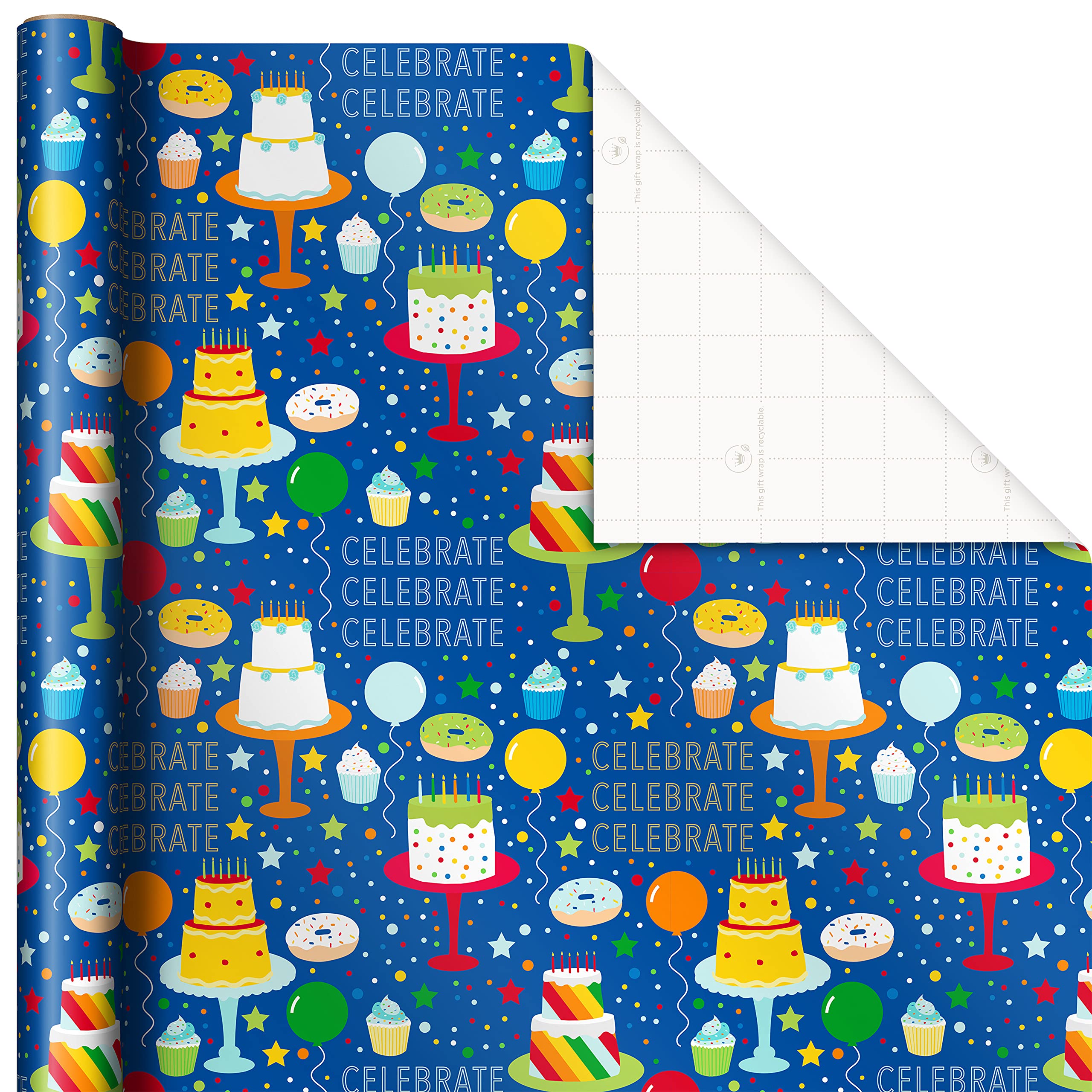 Hallmark Birthday Wrapping Paper Set (3 Rolls: 90 Sq. Ft. Ttl, 10 Bows, Ribbon, Gift Tag Stickers) Rainbow Stripes, Cake, "Happy Birthday" for Kids and Adults