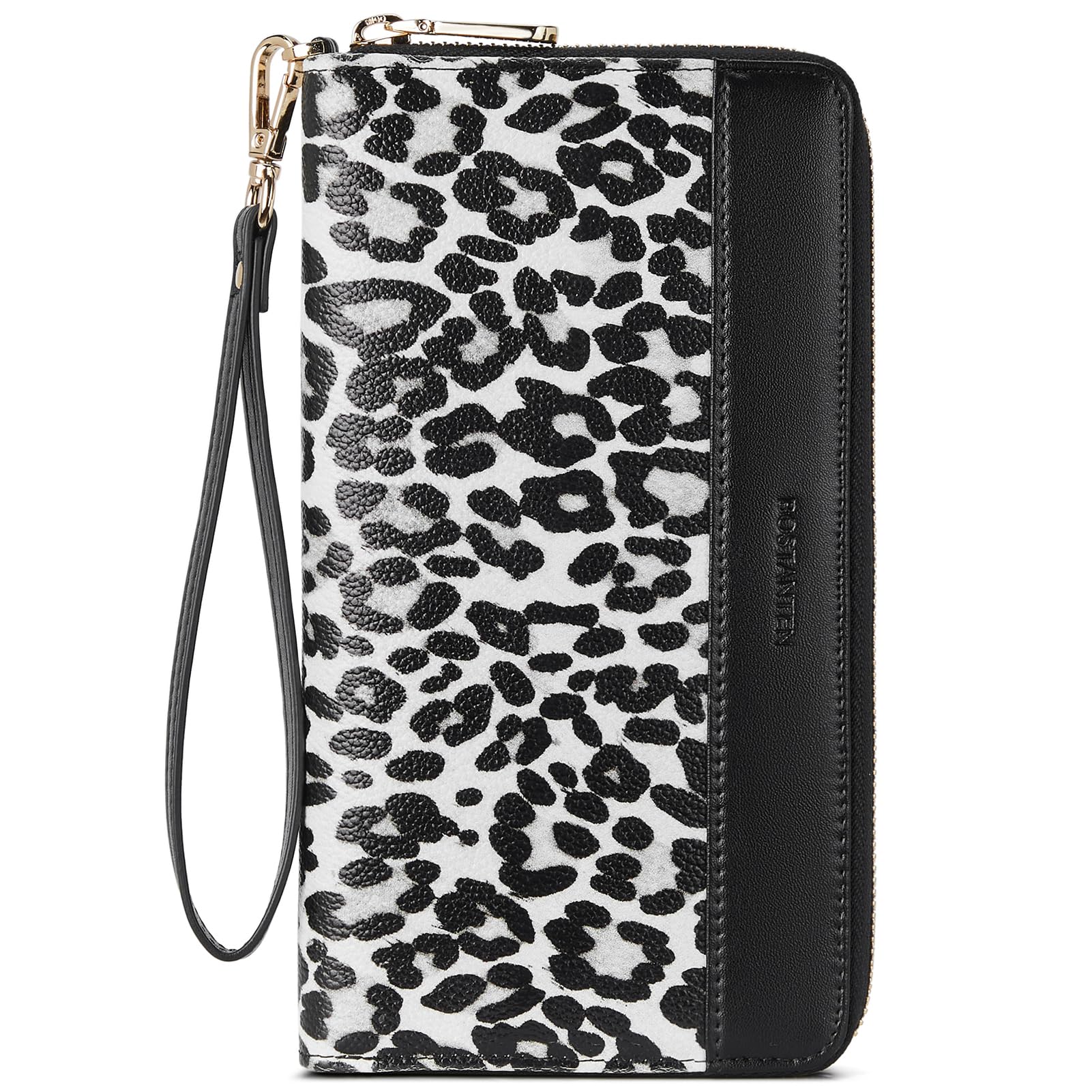 BOSTANTEN Leather Wallet for Women RFID Blocking Zip Around Credit Cards Holder Phone Clutch Leopard Black