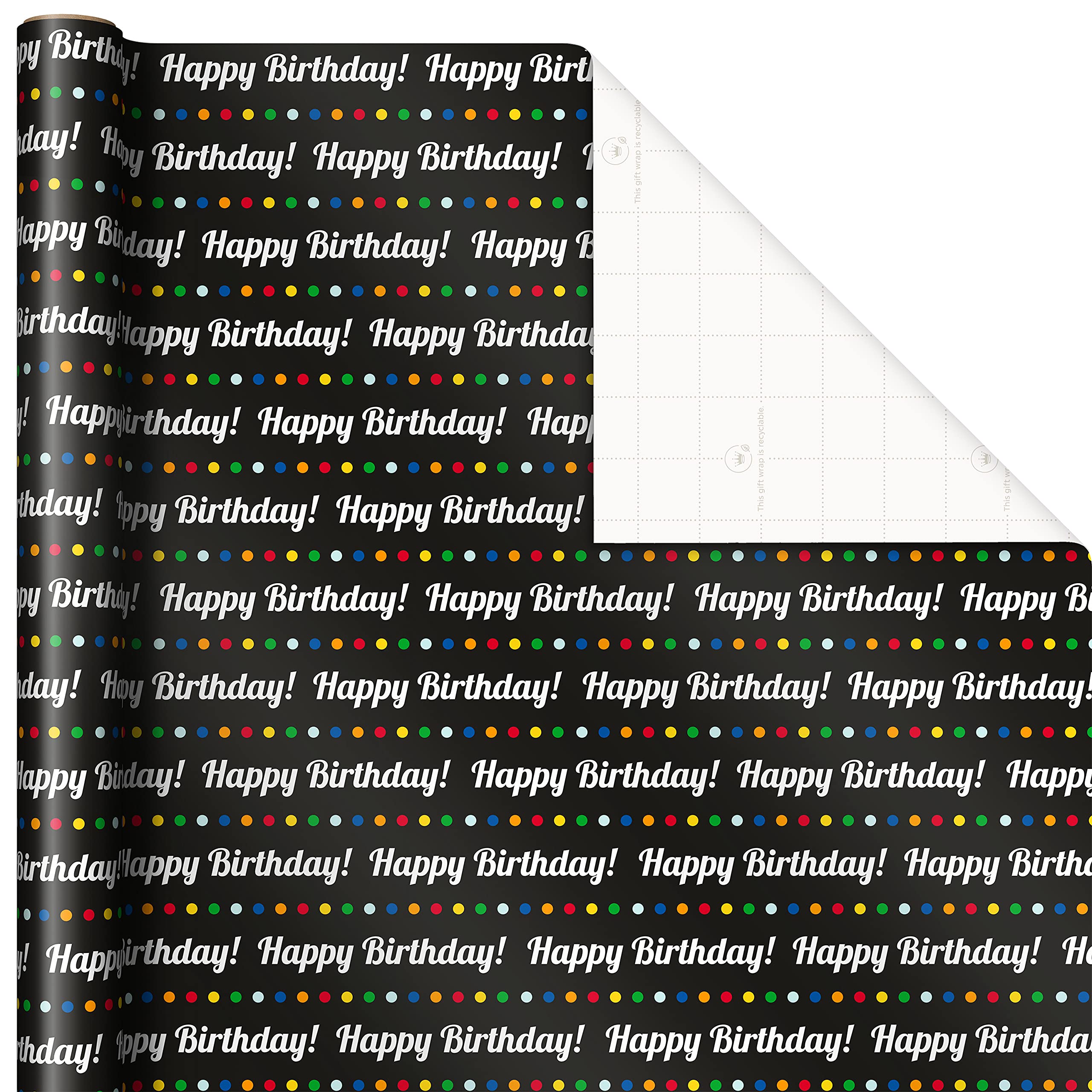 Hallmark Birthday Wrapping Paper Set (3 Rolls: 90 Sq. Ft. Ttl, 10 Bows, Ribbon, Gift Tag Stickers) Rainbow Stripes, Cake, "Happy Birthday" for Kids and Adults