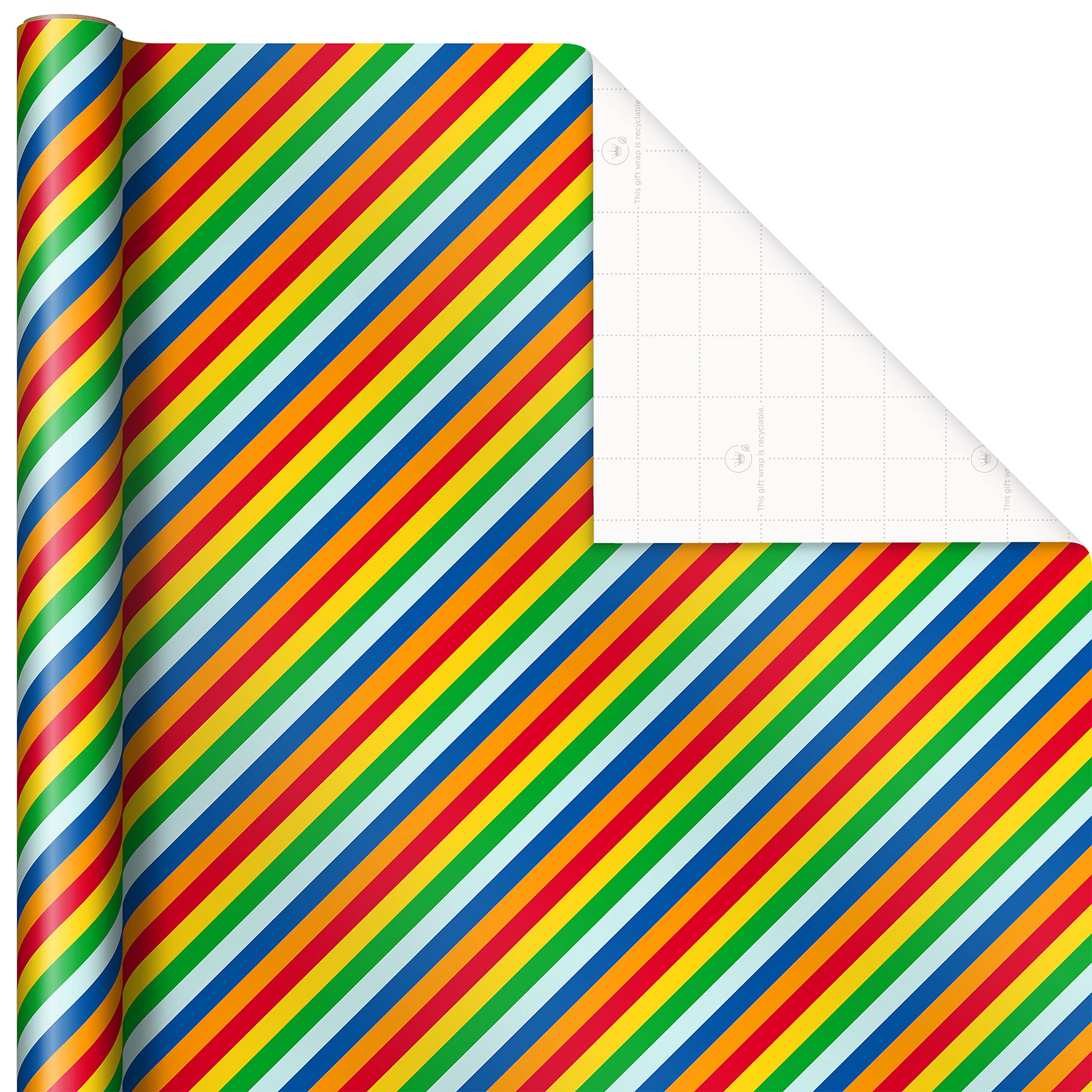 Hallmark Birthday Wrapping Paper Set (3 Rolls: 90 Sq. Ft. Ttl, 10 Bows, Ribbon, Gift Tag Stickers) Rainbow Stripes, Cake, "Happy Birthday" for Kids and Adults