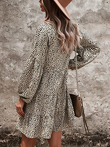 TEMOFON Womens Long Sleeve Fall Dress: Leopard Printed Tunic Casual Loose V Neck Fall Flowy Mini Dresses Khaki L