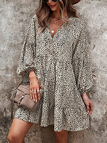 TEMOFON Womens Long Sleeve Fall Dress: Leopard Printed Tunic Casual Loose V Neck Fall Flowy Mini Dresses Khaki L